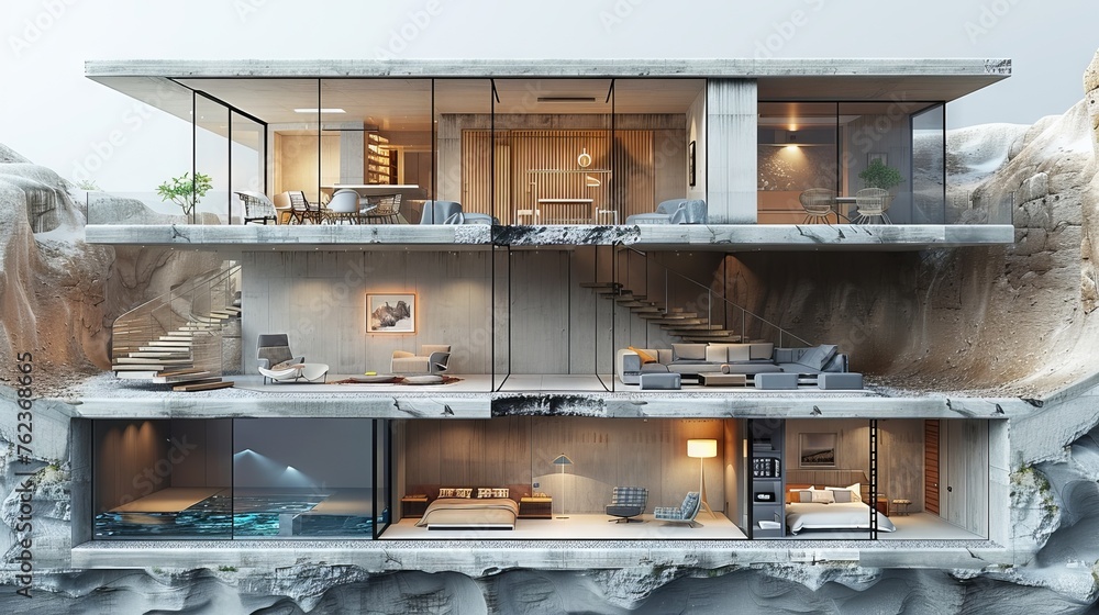 Detailed drawing of the layout of a nuclear bunker, showing the various ...