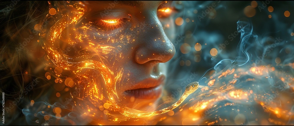 Surreal snake conjurer in dynamic pose, editorial photo, soft focus ...