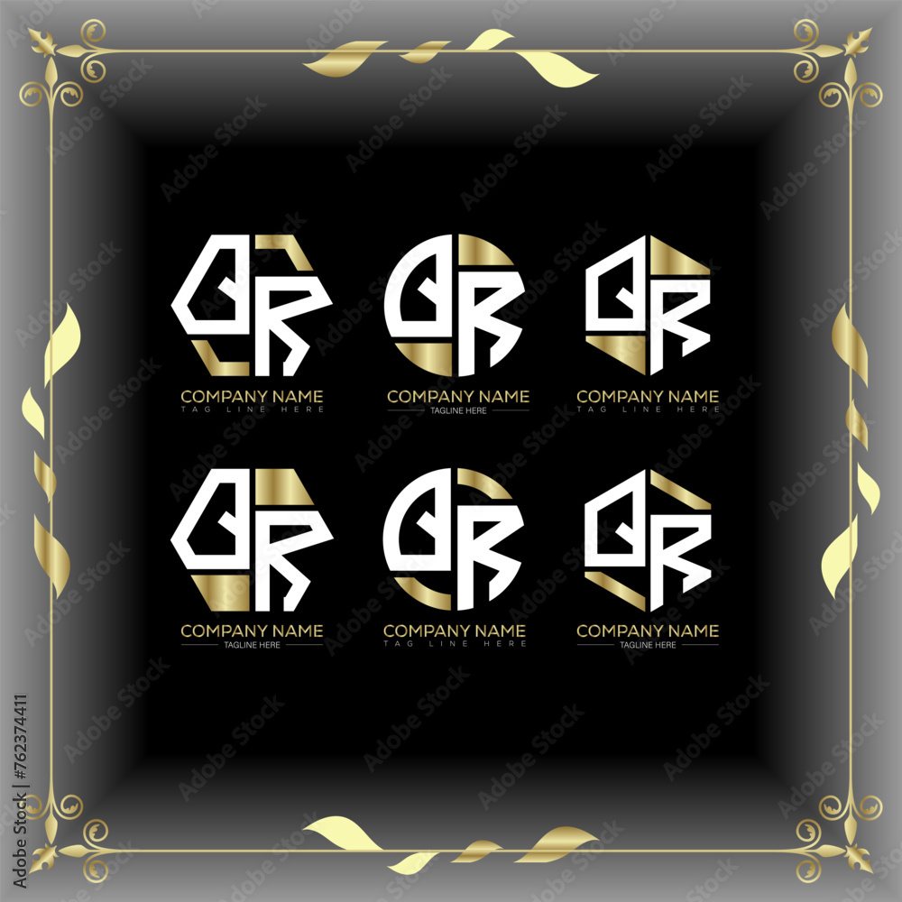 QR letter luxury logo set design.QR monogram polygonal and circle shape ...