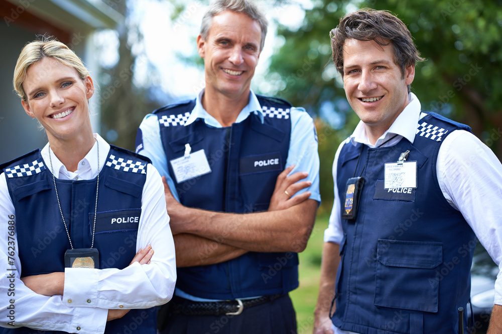 Crossed arms, security team and portrait of police people for crime ...