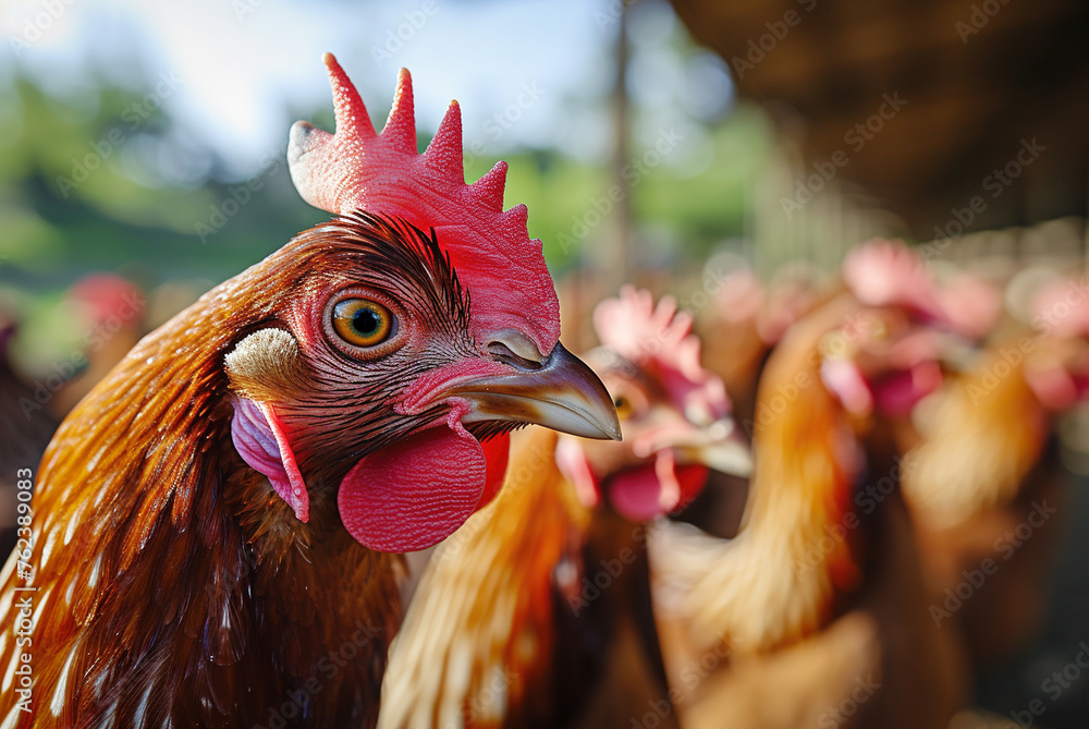 Poultry grazing on an agricultural farm. With chickens and stockings ...