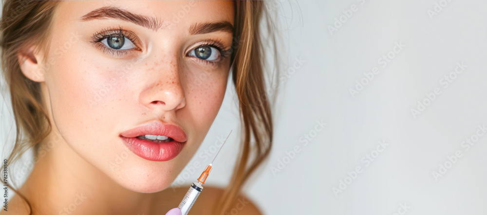 Botox injections, Hyaluronic filler for plump lips banner. Young ...