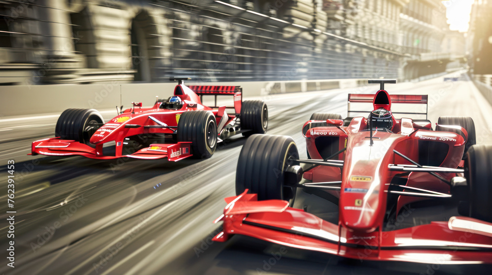 F1 race car speeding on track at day light. super car on asphalt road ...