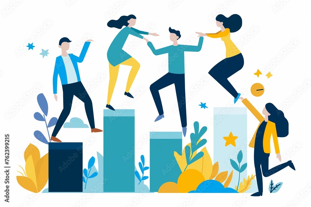 Business growth victory success llustration. People walking up drawn ...