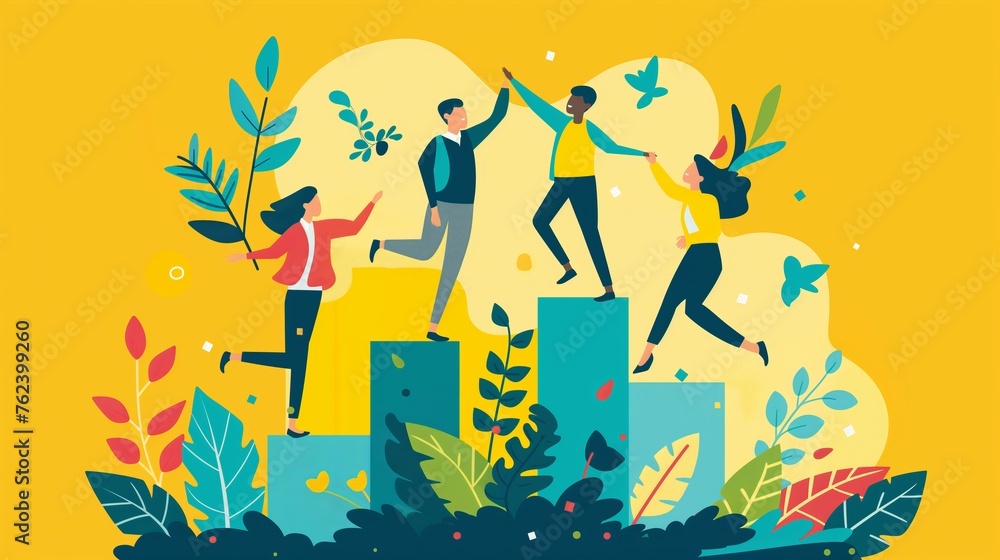 Business growth victory success llustration. People walking up drawn ...