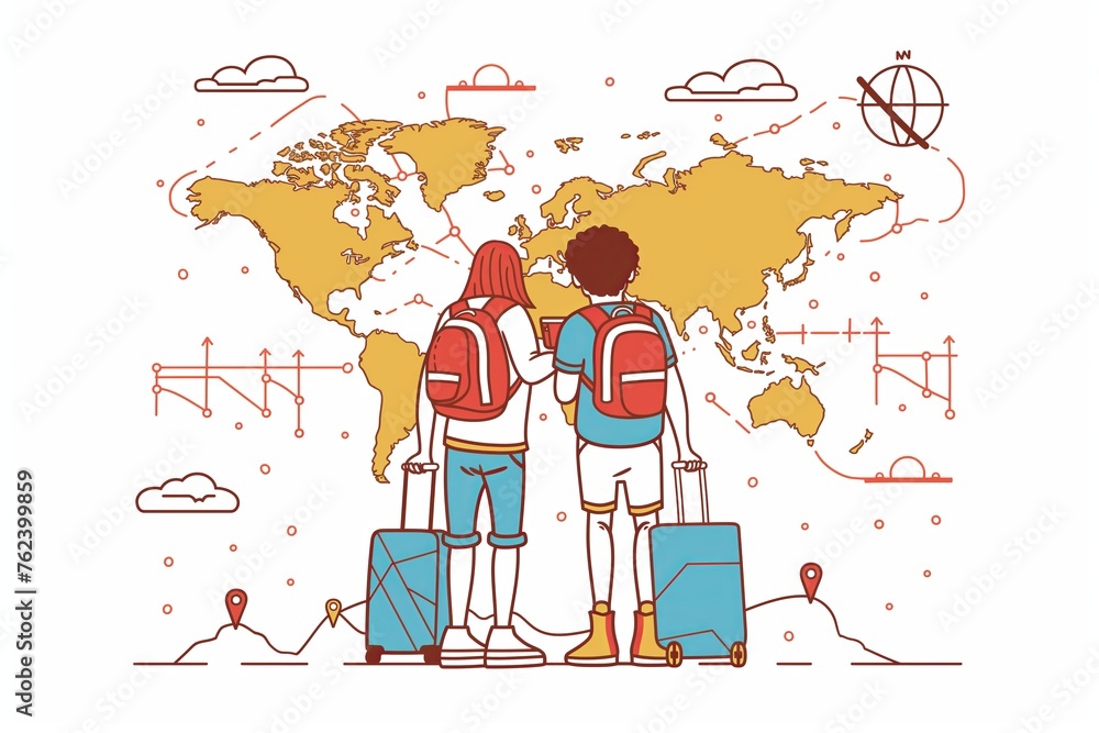 Young couple travel cartoon illustration with a world map, location ...