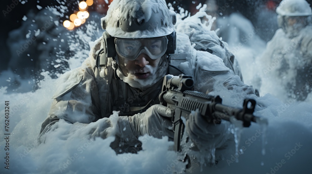 soldiers in winter camouflage make their way through the snow ...
