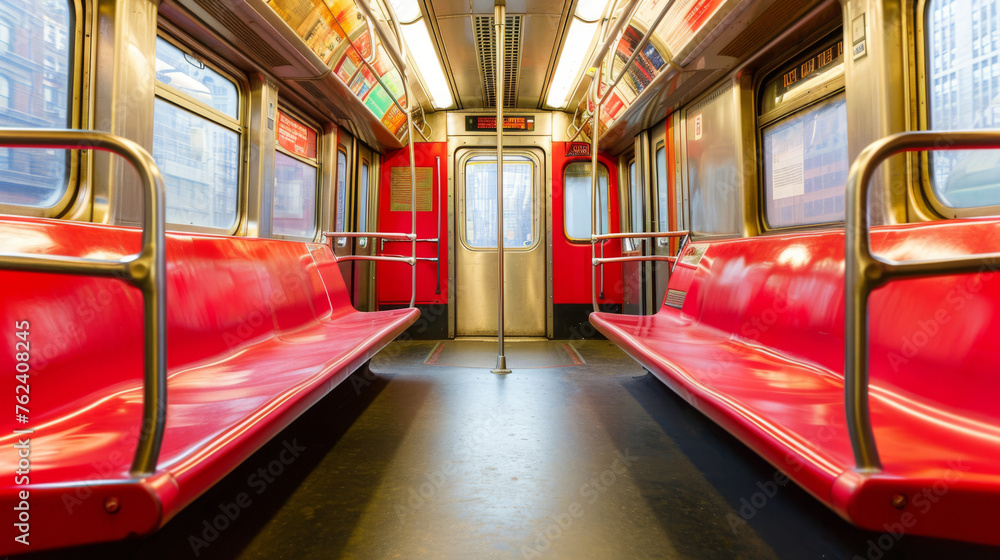 An empty chrome subway car is outfitted with bold red seats, creating a ...