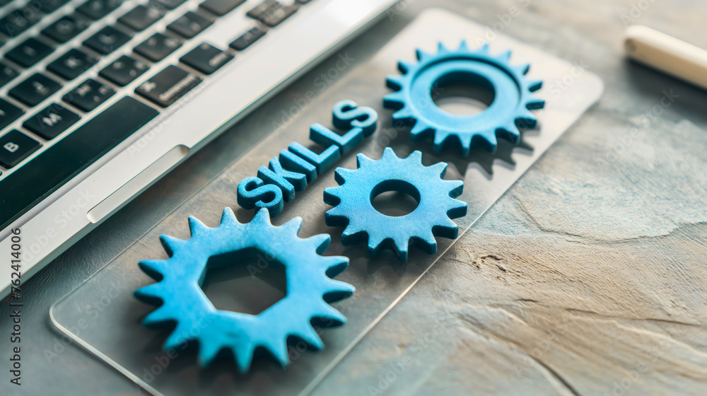 Blue cogwheels and text "Skills" placed on the office table in front of ...