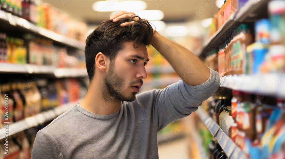 Stockfoto med beskrivningen Young man in a supermarket or grocery store ...