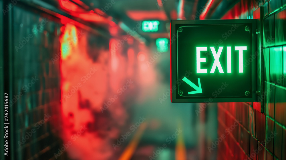 Emergency fire exit sign and red alarm symbolizing the danger, placed ...