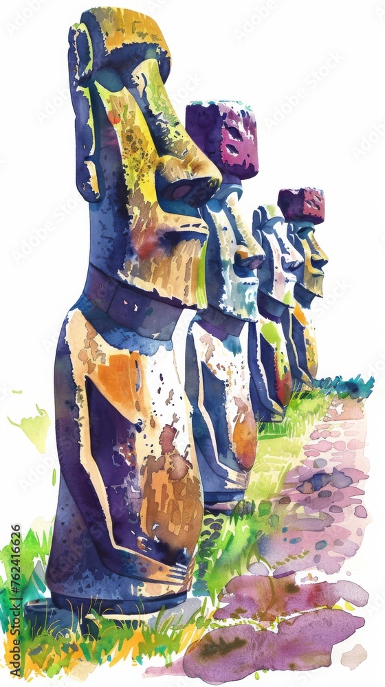 A row of statues, resembling Moai sculptures, sitting atop a grass ...