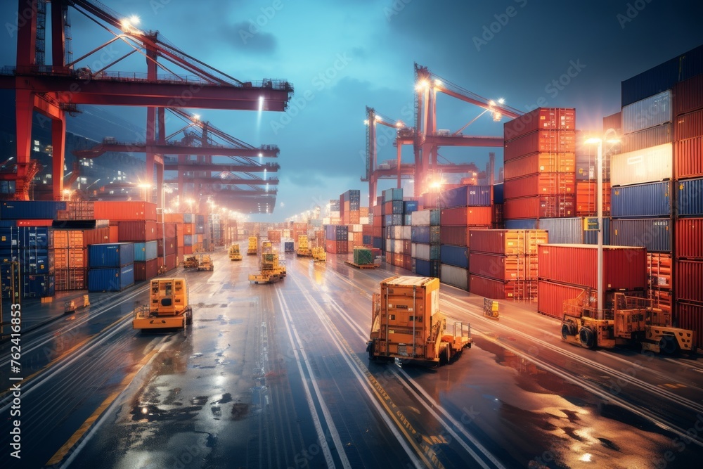 Inside a bustling cargo hold filled with stacks of containers under ...