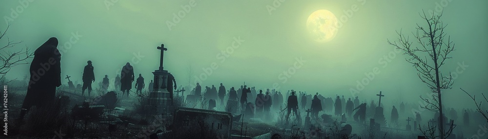 Zombie horde wandering through a fogcovered graveyard, ethereal moon ...