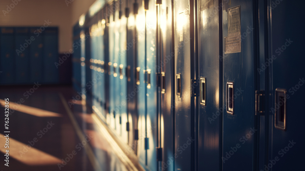 A perspective shot along a row of closed school lockers, leading the ...