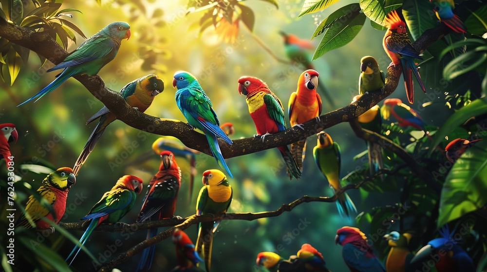 A tropical rainforest canopy filled with brilliantly colored birds ...