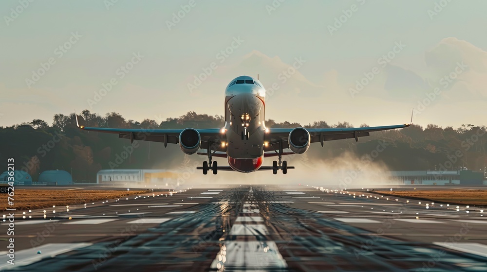 Commercial passenger plane taking off or landing at the airport, front ...