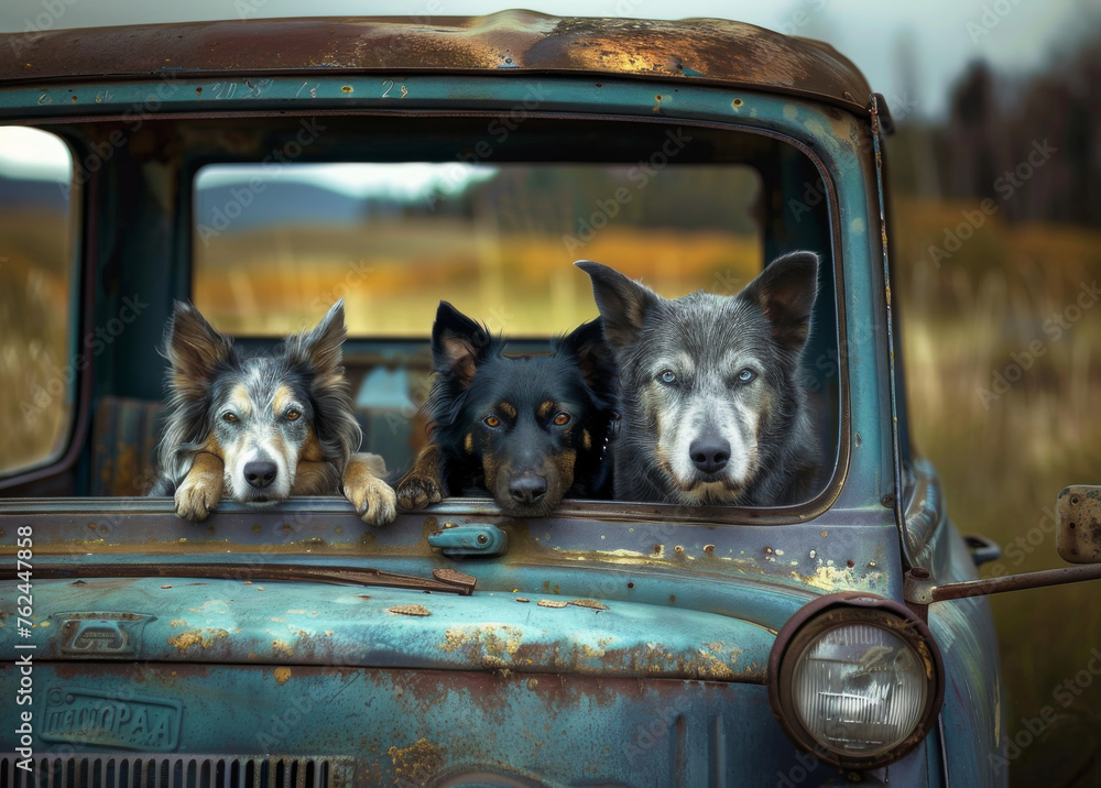 An engaging scene of three dogs with distinctive fur patterns peeking ...