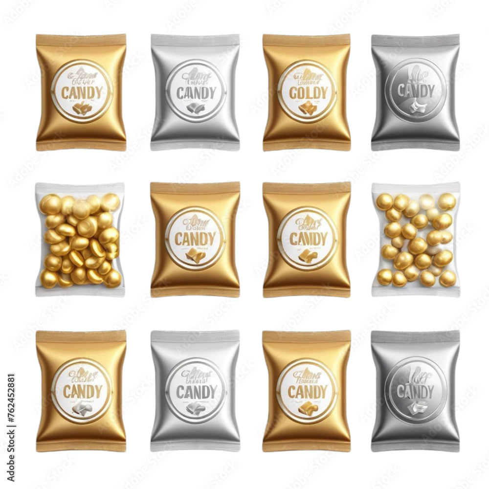 3d set of golden and silver candy packs on Isolated transparent ...