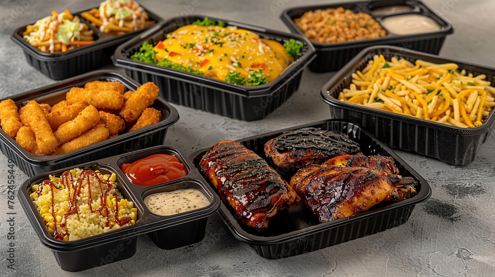 set of delicious meals food lunch lunchbox chicken nugget, fries ...