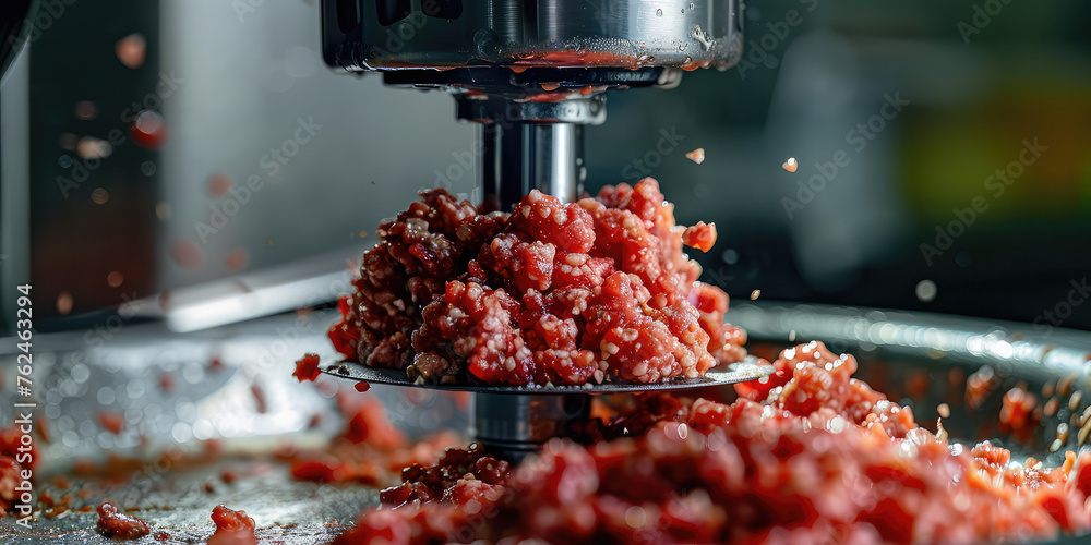 Dynamic Minced Meat Grinder at Work. High-speed capture of ground meat ...