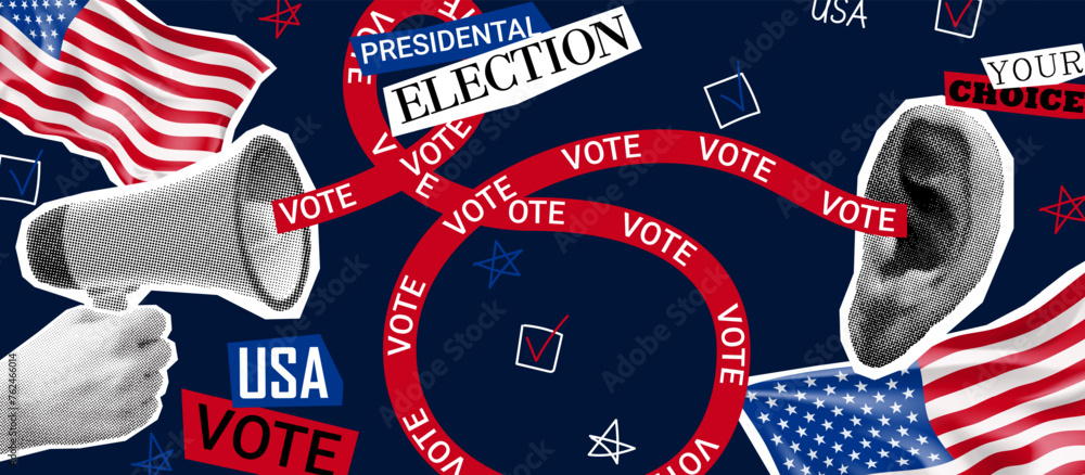 2024 US presidential election collage. Vector banner with halftone hand ...
