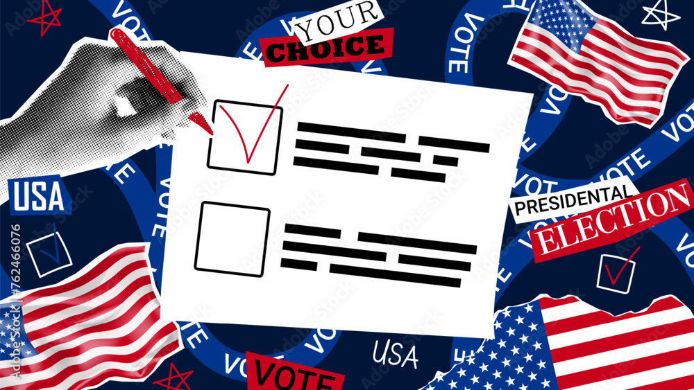 Collage for 2024 US presidential election. Vector banner with halftone ...
