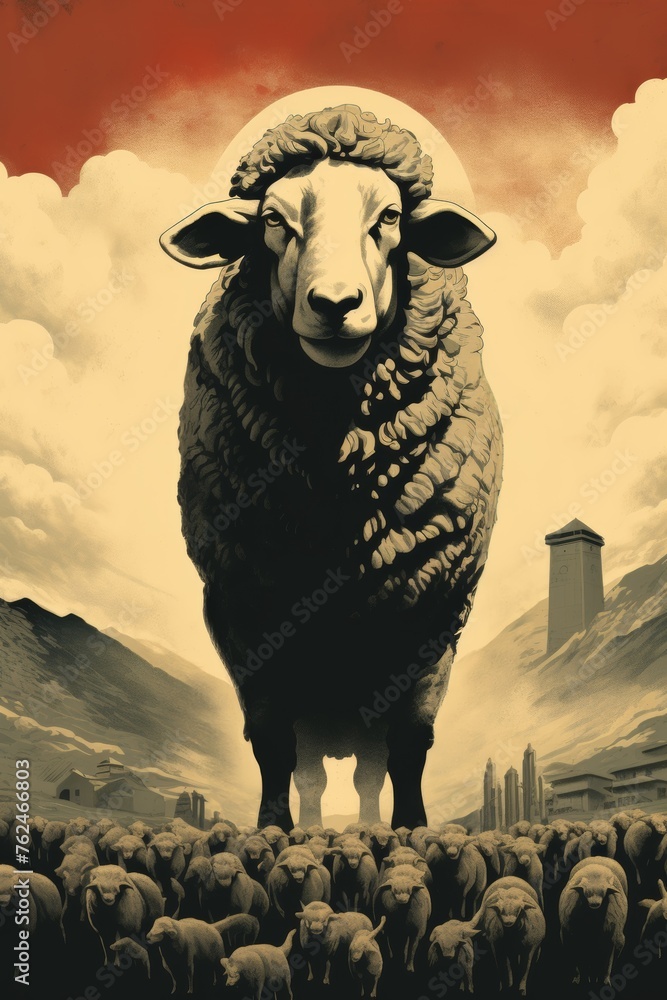 Vintage dystopian propaganda poster , A giant black sheep standing in ...