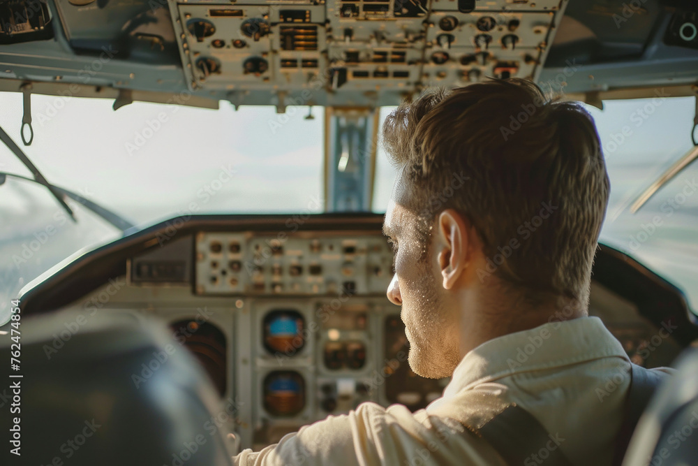 Pilot sitting in the cockpit of an airplane, observing the sky through ...