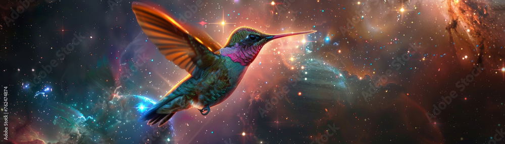A colorful hummingbird is flying through a galaxy of stars. The image ...