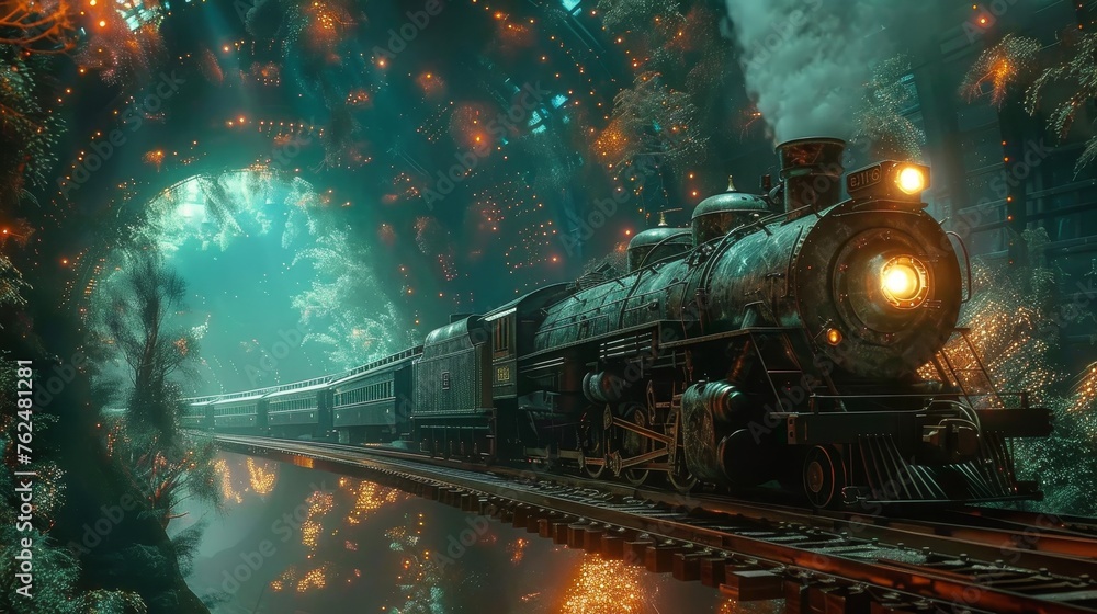 A night-time scene of a vintage train riding through a magically ...