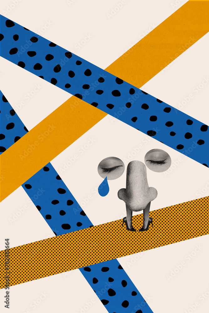 Creative vertical collage face fragments closed crying eyes nose legs ...
