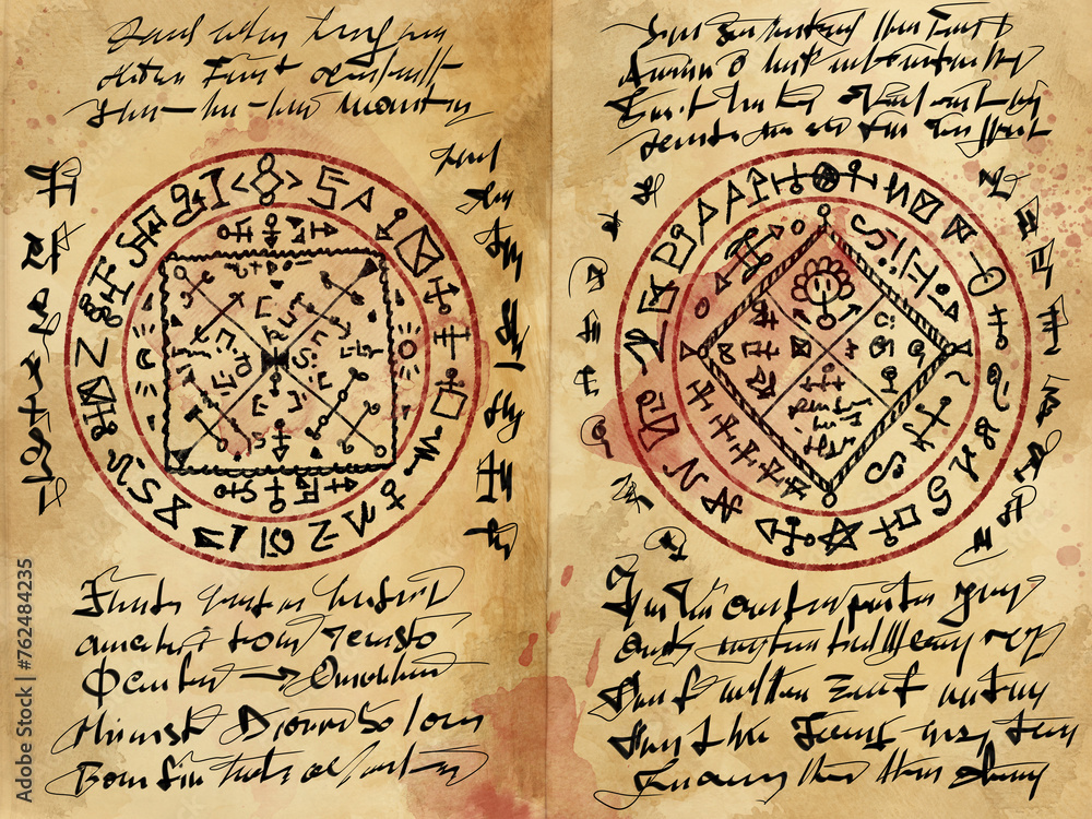 Digital Illustration hand drawn. Witchcraft old book with magic spell ...