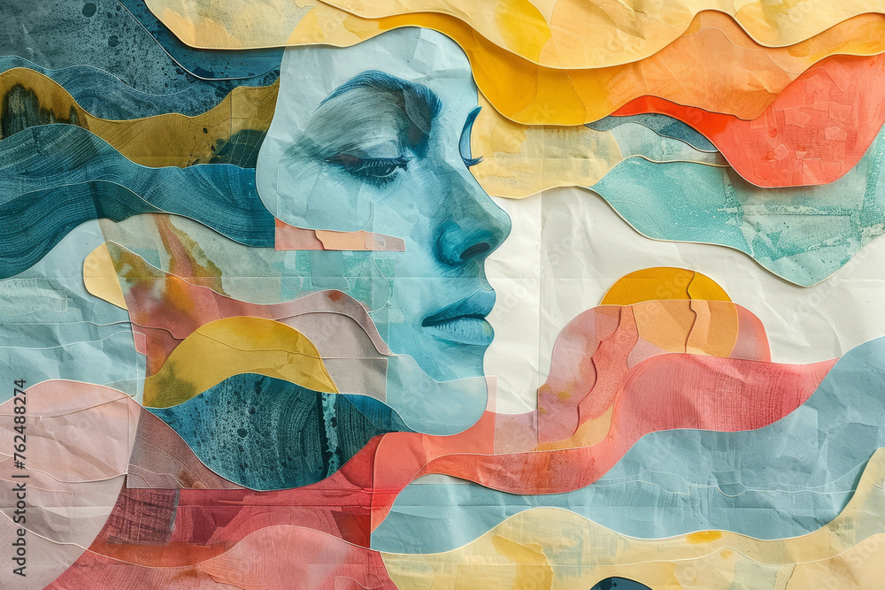 Abstract textured paper collage art depicting a rugged mountain range ...