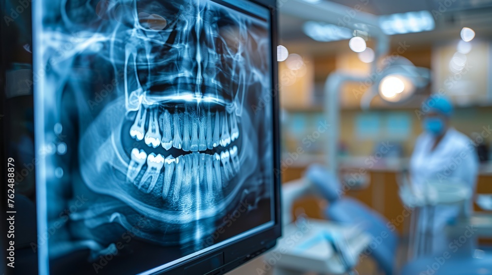Panoramic digital x-ray of a patient's jaw and teeth displayed on a ...