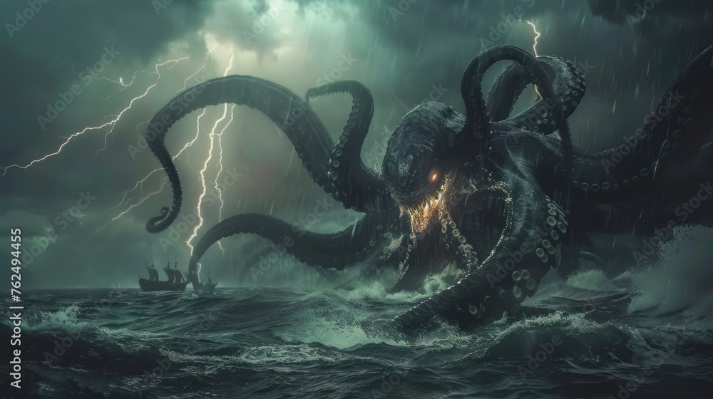 Scary Cthulhu monster that appears in the sea with storms and lightning ...