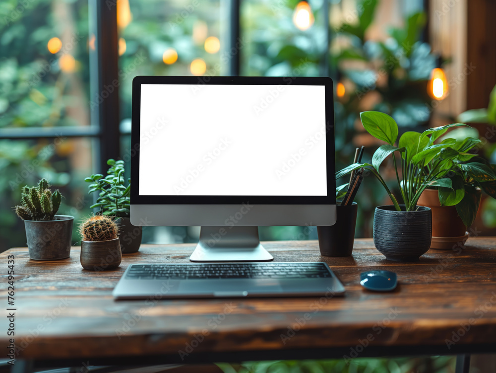 Mockup template of a desktop computer screen in a nice home office with ...