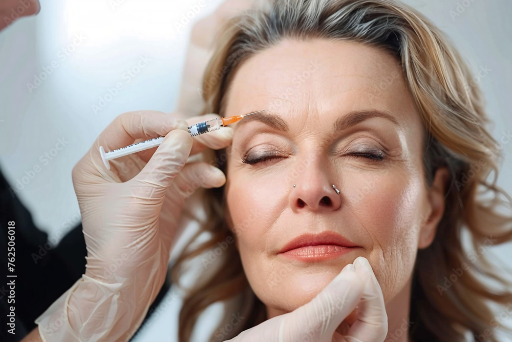 Cosmetologist makes an injection to the face of a middle-aged woman ...