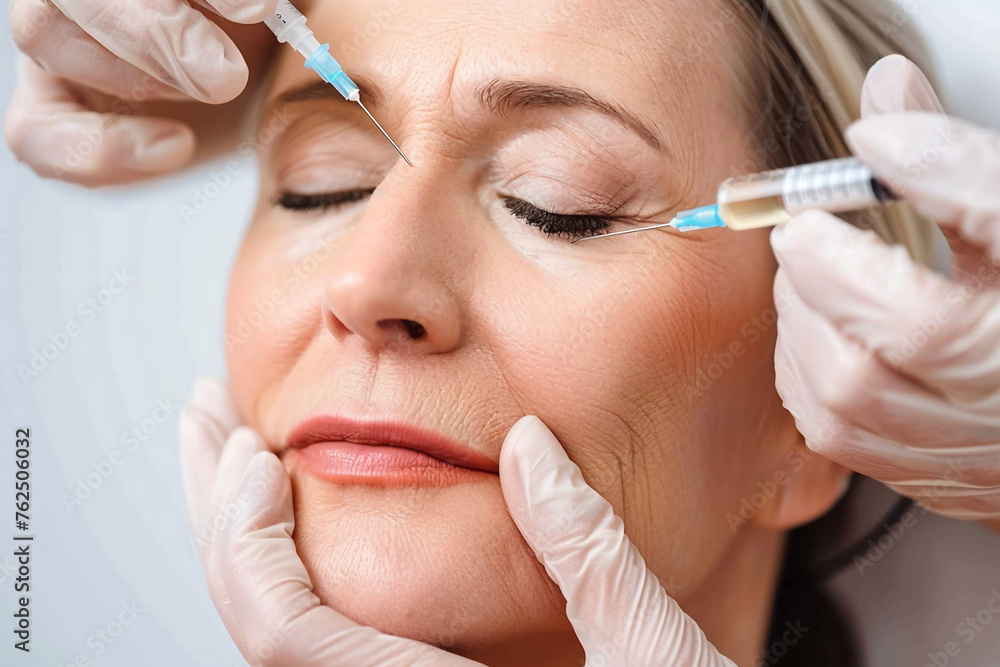 Close-up of a middle-aged woman receiving a botox or filler injection.A ...