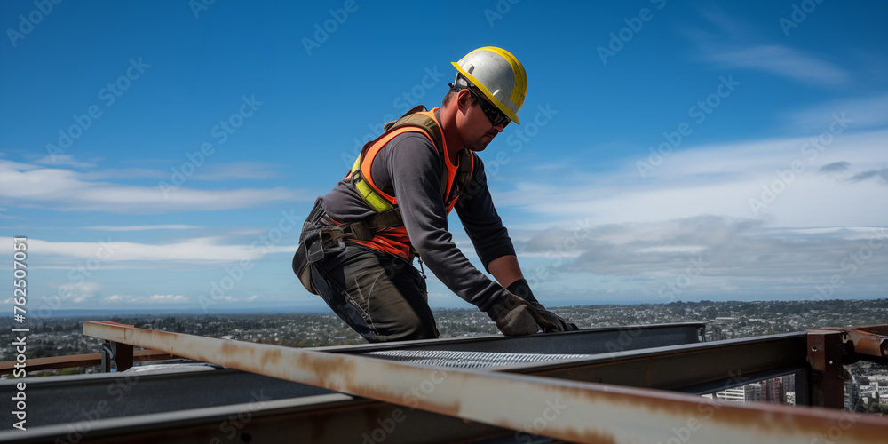 fictional construction worker with a sunny sky behind him perched high ...
