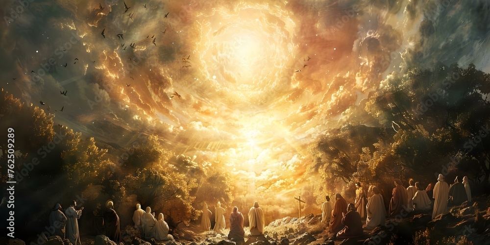 Digital artwork depicting biblical scene with Jesus Christ saints ...