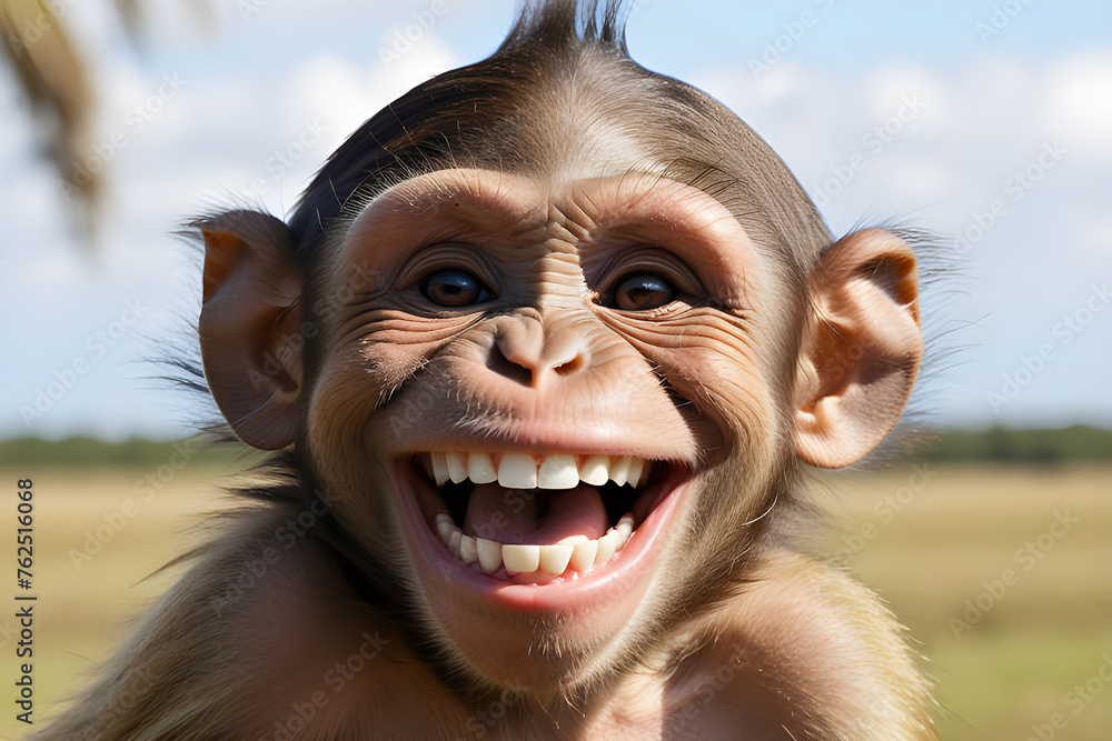 caricature of a very large toothy wide smile of a smiling monkey. A ...