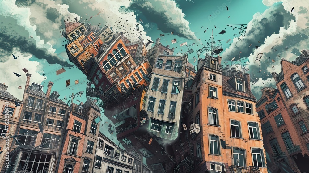 Abstract illustration of a landscape of a distorted, irregular city, an ...