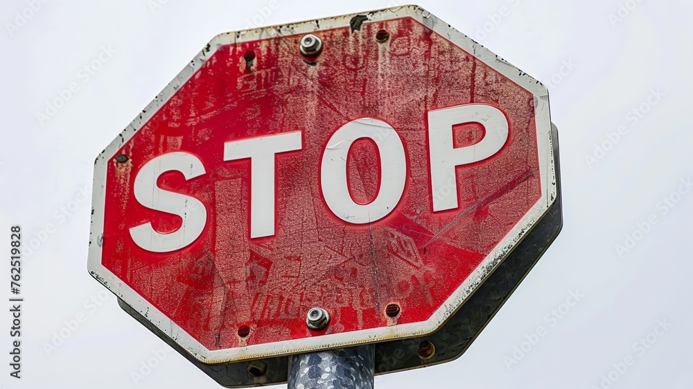Illuminated red stop sign against a stark white sky, a clear warning ...