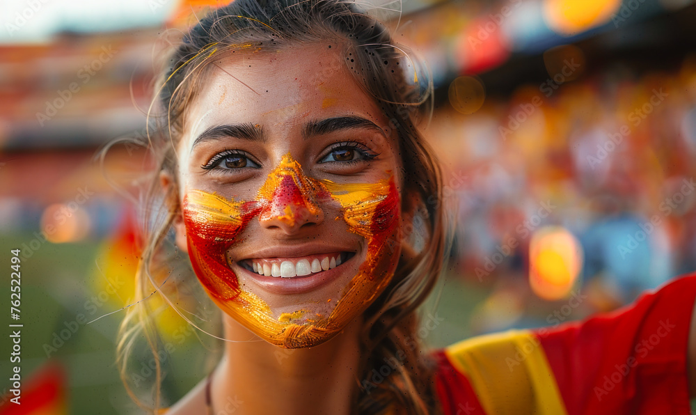 Portrait of a passionate female Spanish fan celebrating at a UEFA EURO ...