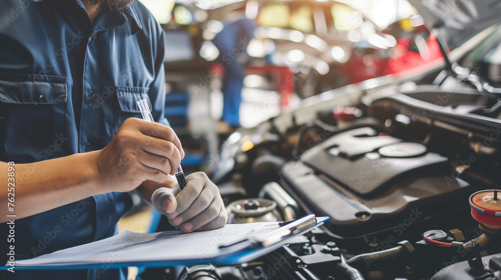 Auto check, car service shop concept. Automobile repairman writing job ...