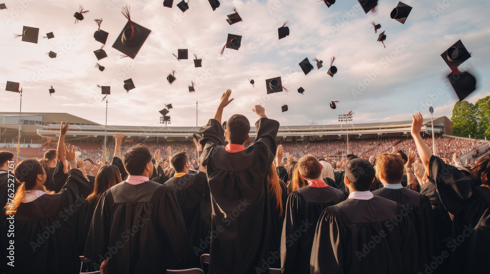A group of university students in black coats throw their hats in the ...