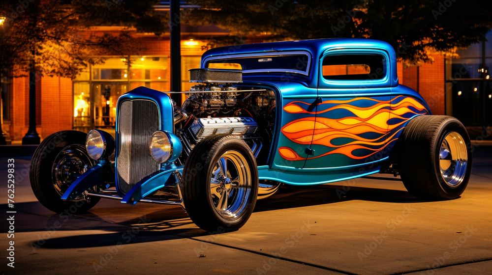 A custom-built hot rod on display at a car show, its unique design and ...