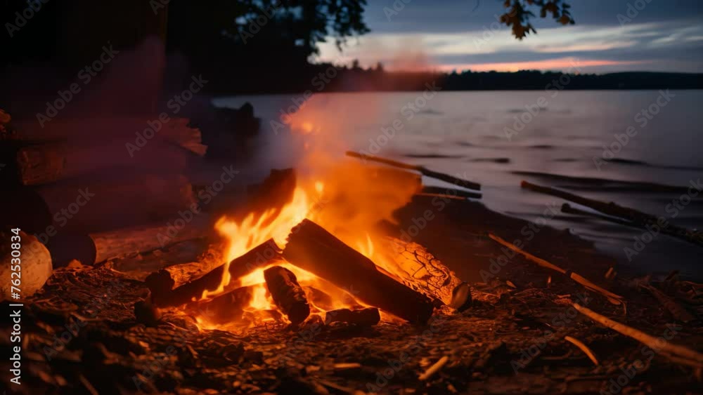 A campfire illuminates the surrounding area as it burns calmly ...