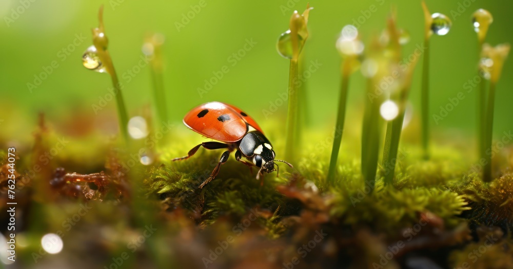 Close-up wildlife of a ladybug in the green grass in the forest, the ...